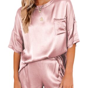 LYANER Women's Satin Silky Pajama Set Short Sleeve T-shirt With Shorts Set Pjs Loungewear Rosy Pink Medium