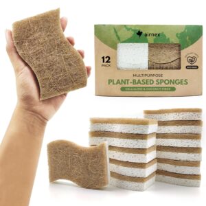 airnex natural kitchen sponge - biodegradable compostable cellulose and coconut scrubber sponge - pack of 12 eco friendly sponges for dishes