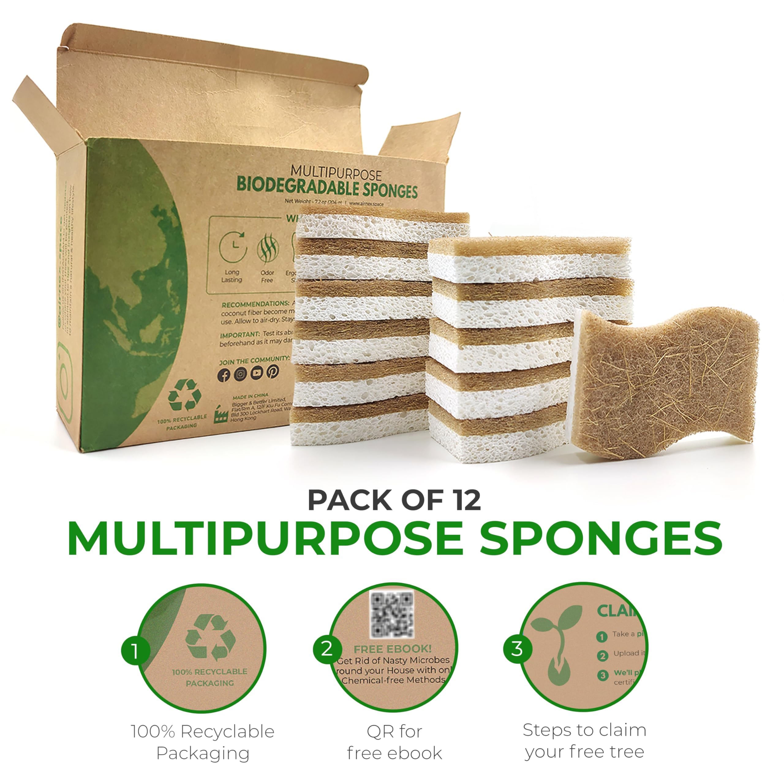 AIRNEX Natural Kitchen Sponge - Biodegradable Compostable Cellulose and Coconut Scrubber Sponge - Pack of 12 Eco Friendly Sponges for Dishes