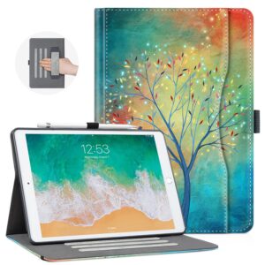 vimorco ipad 9th/8th/7th generation case, 9th generation ipad case with pencil holder/hand strap/pocket, ipad 10.2 case adjustable angle, ipad cover 9th generation auto sleep/wake, oil painting tree