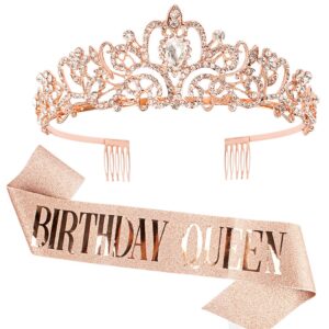 "birthday queen" sash & rhinestone tiara set cocide rose gold birthday sash and tiara for women birthday decoration kit rhinestone headband for girl glitter crystal hair accessories for party