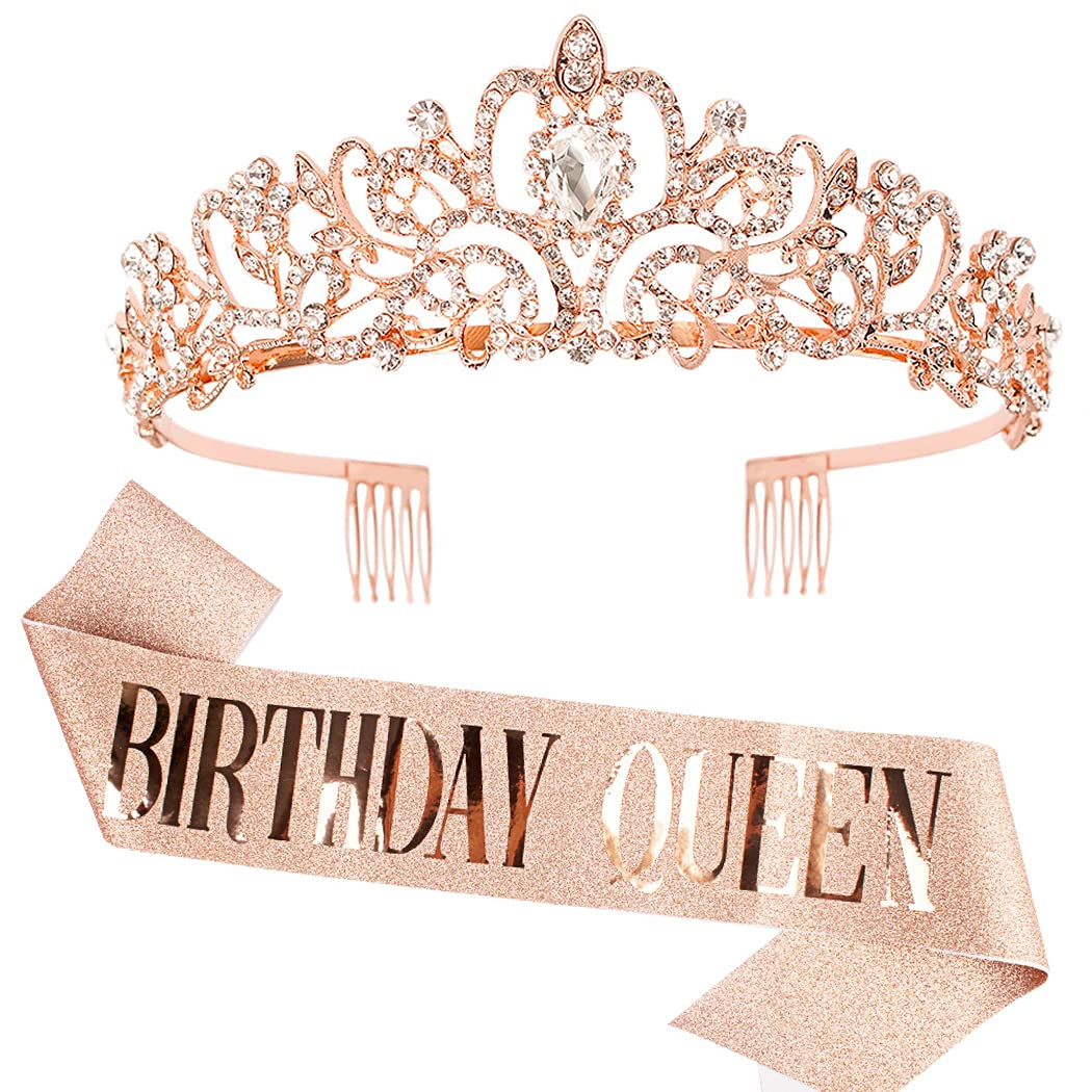 "Birthday Queen" Sash & Rhinestone Tiara Set COCIDE Rose Gold Birthday Sash and Tiara for Women Birthday Decoration Kit Rhinestone Headband for Girl Glitter Crystal Hair Accessories for Party