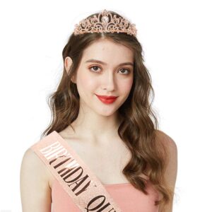 "Birthday Queen" Sash & Rhinestone Tiara Set COCIDE Rose Gold Birthday Sash and Tiara for Women Birthday Decoration Kit Rhinestone Headband for Girl Glitter Crystal Hair Accessories for Party