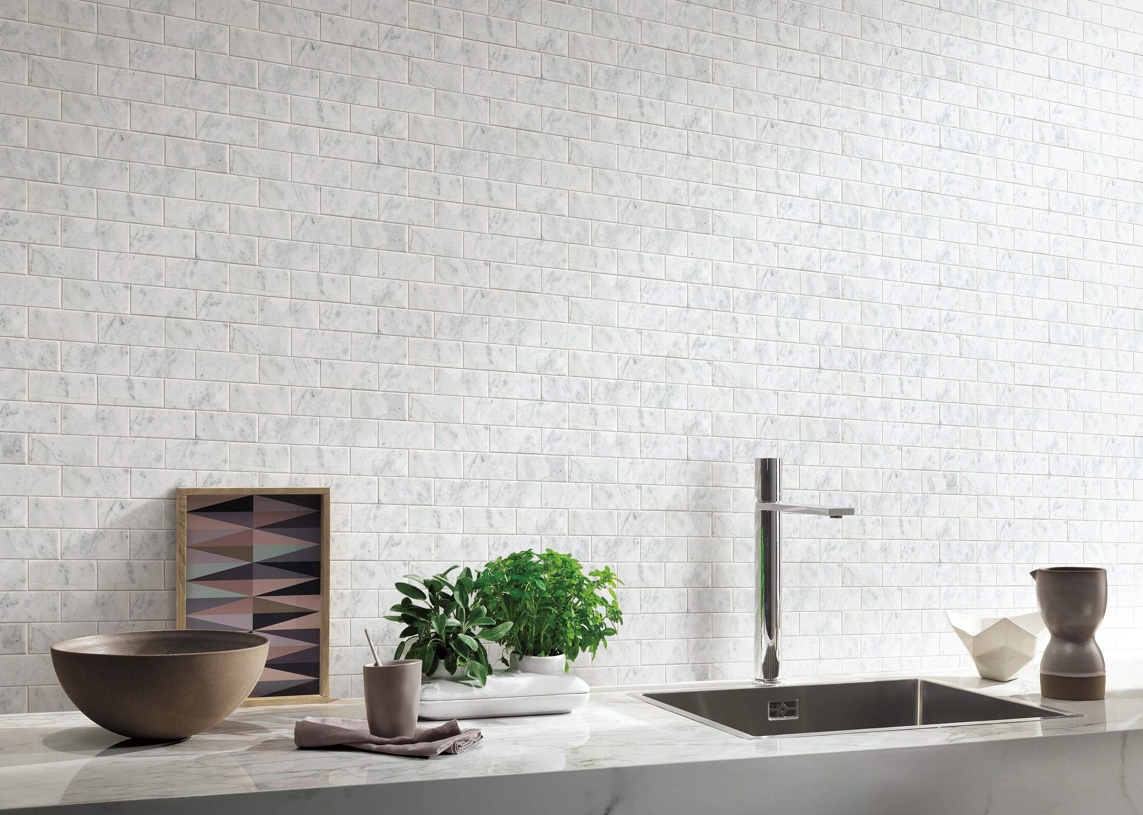 Simple Tile - DIY Peel and Stick Genuine Marble Mosaic Tile for Kitchen and Bathroom Backsplash, Carrara White 2"X4" Big Brick Deep Belveled, 12"X12"X1/4", Polished (Sample 12"X4")