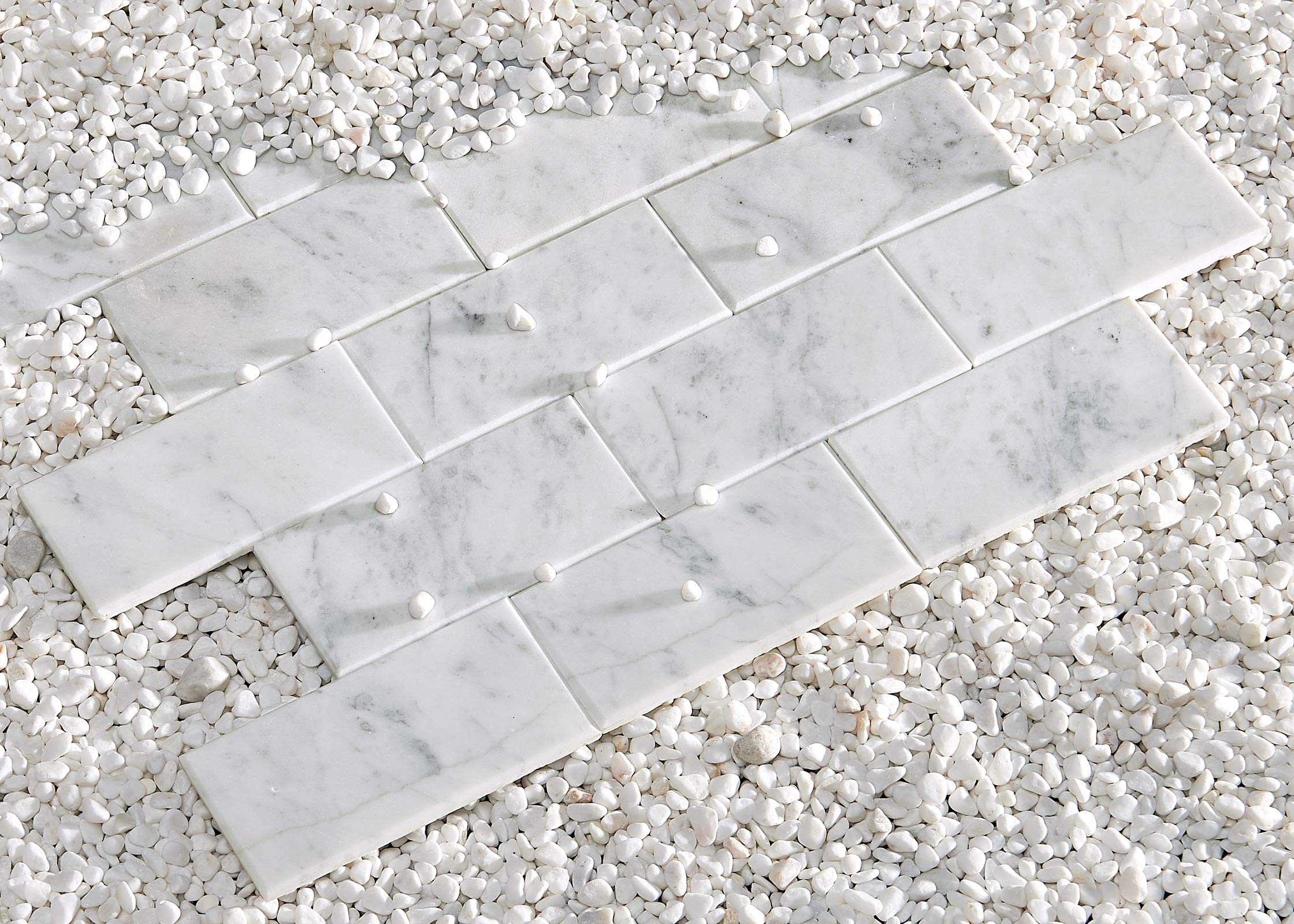 Simple Tile - DIY Peel and Stick Genuine Marble Mosaic Tile for Kitchen and Bathroom Backsplash, Carrara White 2"X4" Big Brick Deep Belveled, 12"X12"X1/4", Polished (Sample 12"X4")