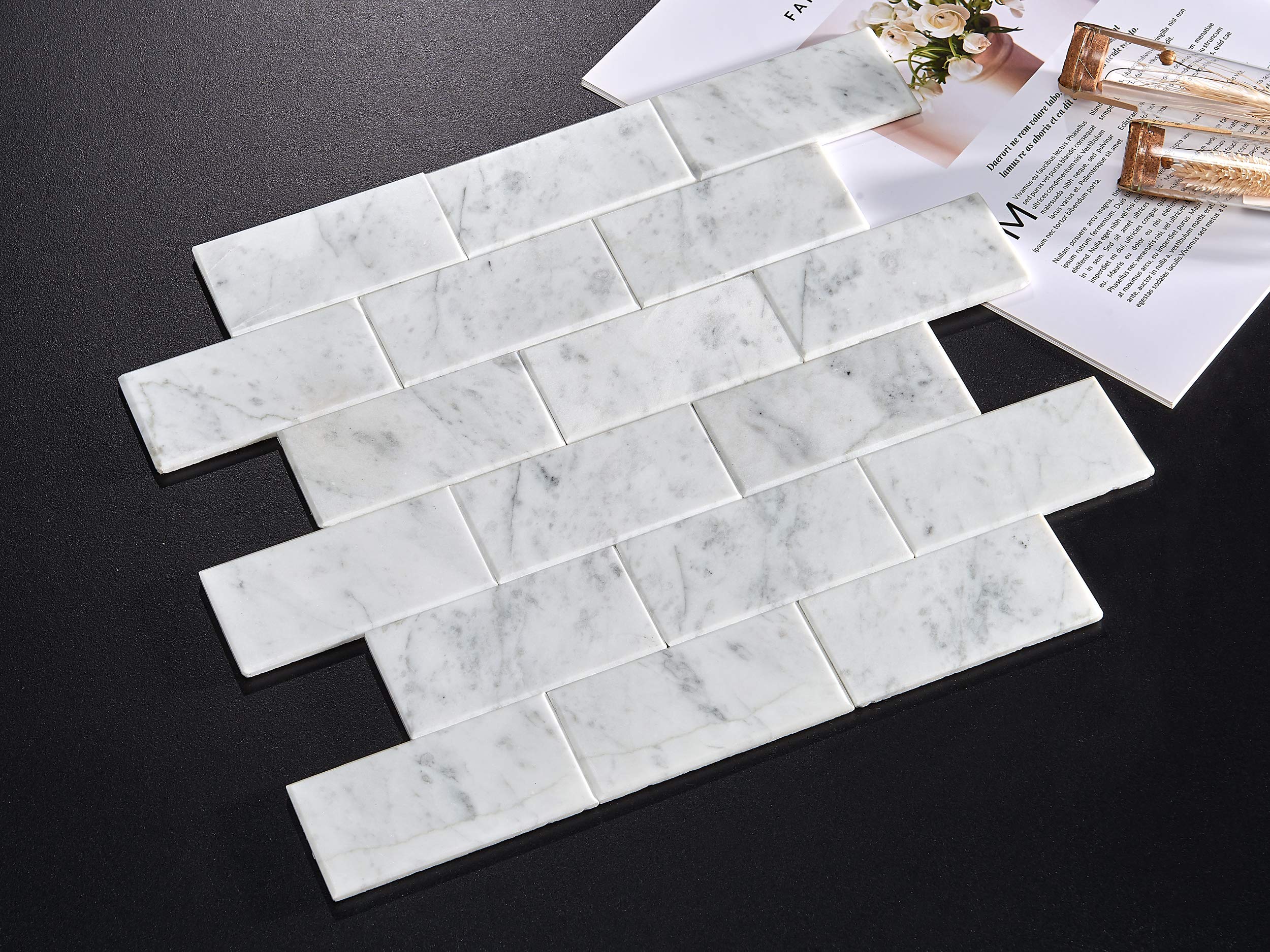 Simple Tile - DIY Peel and Stick Genuine Marble Mosaic Tile for Kitchen and Bathroom Backsplash, Carrara White 2"X4" Big Brick Deep Belveled, 12"X12"X1/4", Polished (Sample 12"X4")