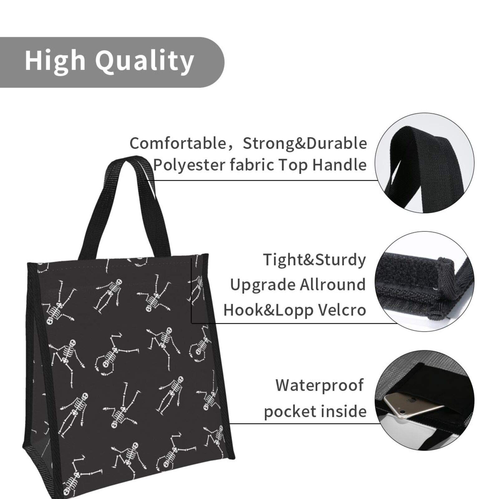 Ouqiuwa Reusable Lunch Bag Halloween Skeleton Cute Lunch Box Polyester Fabric, Lunch Tote Handbag for Women Men Office Picnic