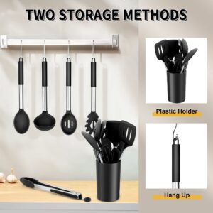 Silicone Cooking Utensils Set, E-far 14-Piece Black Kitchen Utensils Set with Holder, Kitchen Tools Spatulas with Stainless Steel Handle for Non-stick Cookware, Heat Resistant & Dishwasher safe