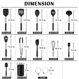 Silicone Cooking Utensils Set, E-far 14-Piece Black Kitchen Utensils Set with Holder, Kitchen Tools Spatulas with Stainless Steel Handle for Non-stick Cookware, Heat Resistant & Dishwasher safe