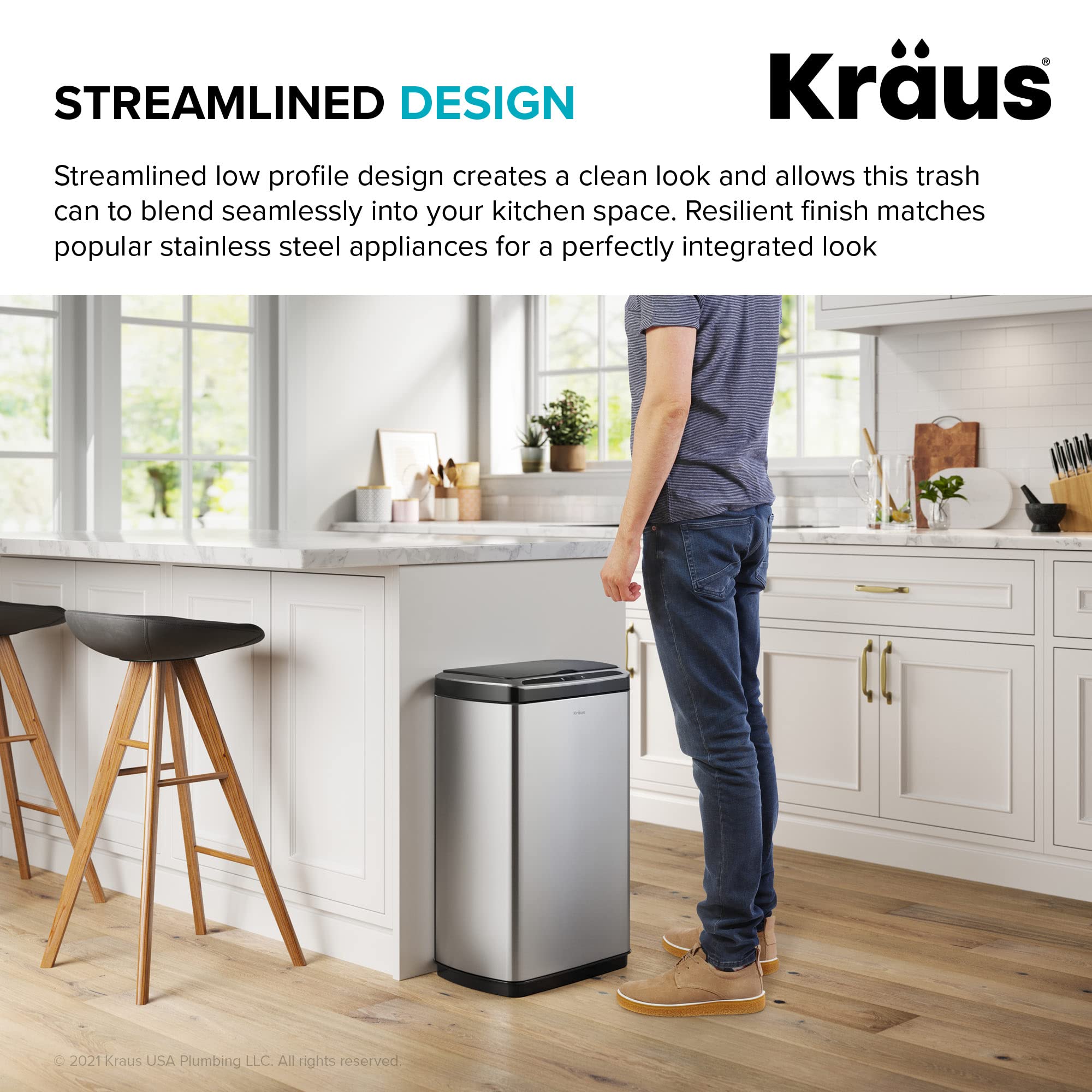 Kraus GarbagePro Rectangular 13 Gallon Hands-Free Motion Sensor Trash Can Battery Operated in Fingerprint Resistant Stainless Steel Finish with SoftShut Touchless Lid, KTCS-10SS