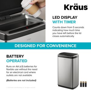 Kraus GarbagePro Rectangular 13 Gallon Hands-Free Motion Sensor Trash Can Battery Operated in Fingerprint Resistant Stainless Steel Finish with SoftShut Touchless Lid, KTCS-10SS