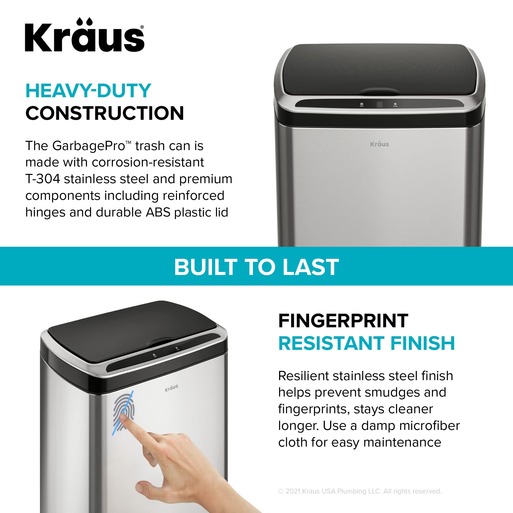 Kraus GarbagePro Rectangular 13 Gallon Hands-Free Motion Sensor Trash Can Battery Operated in Fingerprint Resistant Stainless Steel Finish with SoftShut Touchless Lid, KTCS-10SS