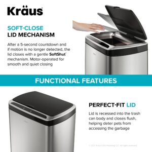 Kraus GarbagePro Rectangular 13 Gallon Hands-Free Motion Sensor Trash Can Battery Operated in Fingerprint Resistant Stainless Steel Finish with SoftShut Touchless Lid, KTCS-10SS