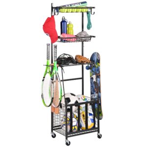 plkow sports equipment storage for garage, indoor outdoor sports rack for garage, ball storage garage organizer with basket and hooks,toy sports gear storage