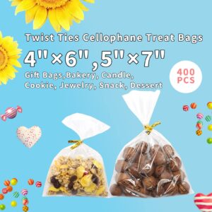 400PCS Clear Cellophane Treat Bags Gift Bags Cello Treat Bgas 2 Sizes 4×6,5×7 Inches with 400 Twist Ties for Gift Wrapping Chocolate Cookie Dessert Candy Chocolate Dessert Packaging