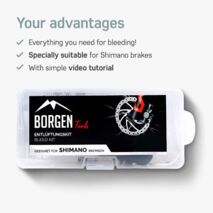 Borgen Bike Brake Bleed Kit for Shimano Hydraulic Disc Brakes I Brake Bleeder Kit Bike with 100ml (3.4oz) Hydraulic System Mineral Oil - Made in Germany. Step by Step Instructions and Video Manual