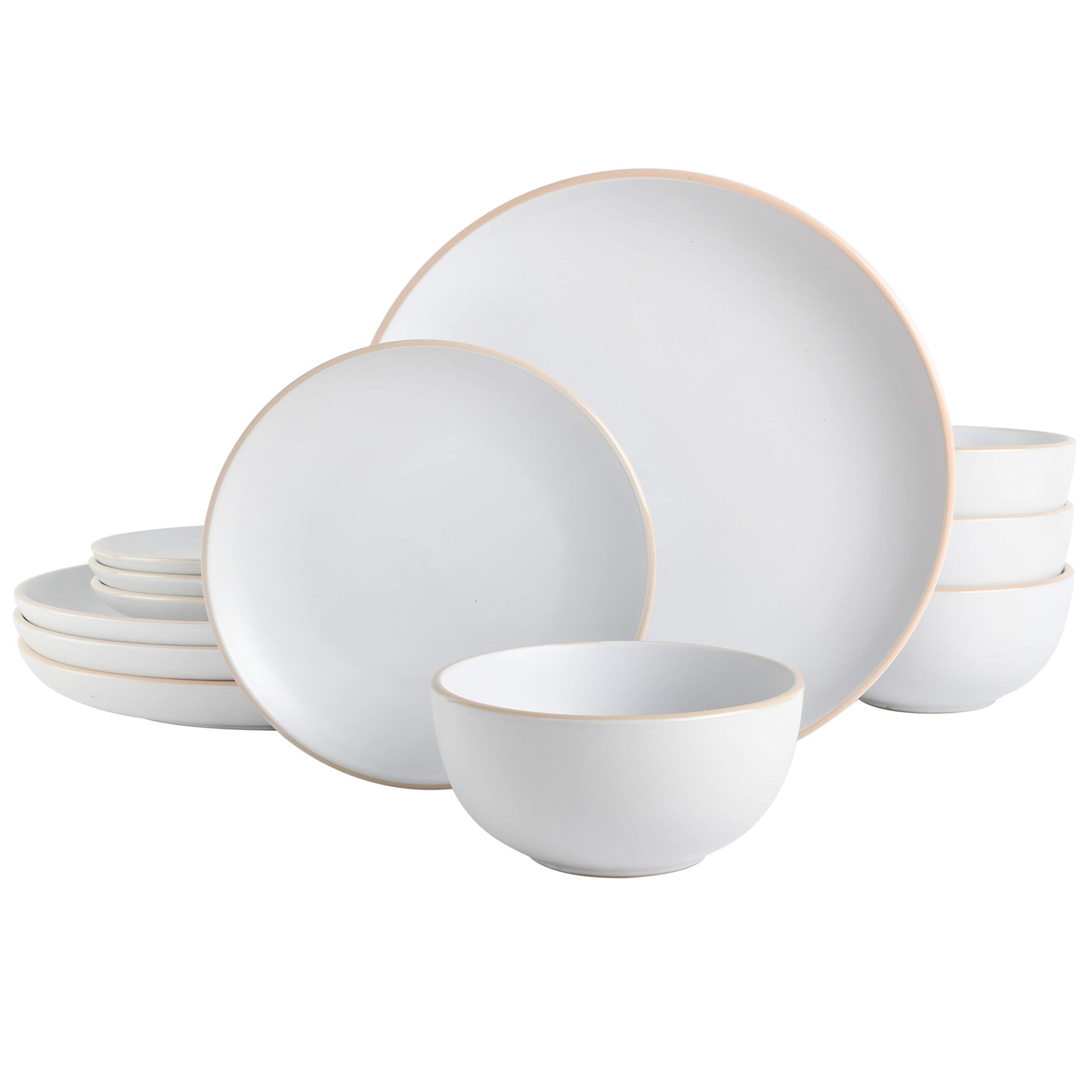 Gibson Home Rockaway Round Stoneware Dinnerware Set, Service for 4 (12pcs), White