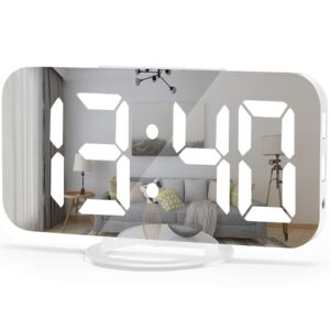 u-pick digital alarm clock, 6.6" large mirrored led clock with dual usb charger ports | easy snooze function | 3 adjustable brightness suitable for bedroom home office (white)