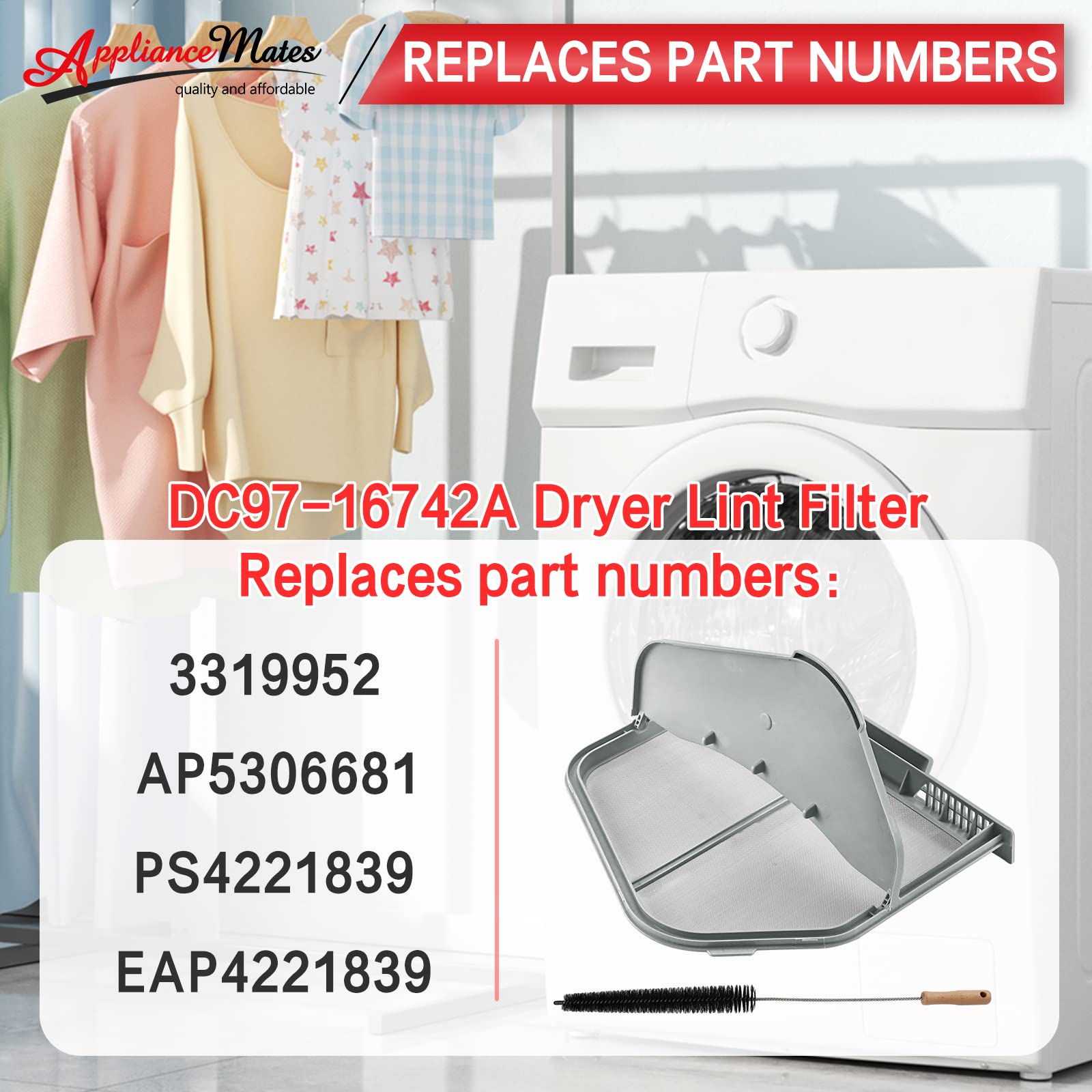 DC97-16742A Dryer Lint Trap Screen Filter Replacement for Samsung Dryer-Replaces AP5306681, DC61-03048A, DC61-02610A, DV45H7000EW/A2, DV40J3000GW/A2 with Flap and Vent Cleaner Brush