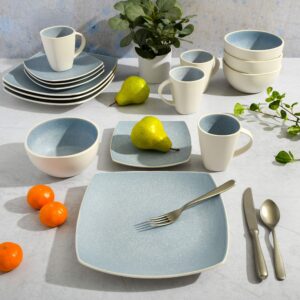 Gibson Soho Lounge Square Reactive Glaze Stoneware Dinnerware Set, Service for 4 (16pc), Aqua Blue