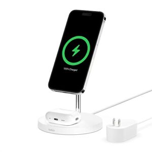 belkin magsafe 2-in-1 wireless charging stand for apple iphone 15, iphone 14, iphone 13, & iphone 12 series & airpods - magsafe fast charging station for multiple devices - white