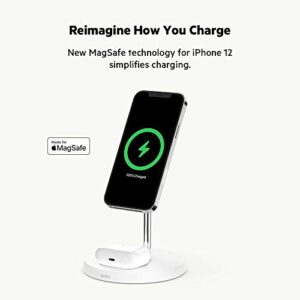 Belkin MagSafe 2-in-1 Wireless Charging Stand for Apple iPhone 15, iPhone 14, iPhone 13, & iPhone 12 Series & AirPods - MagSafe Fast Charging Station for Multiple Devices - White