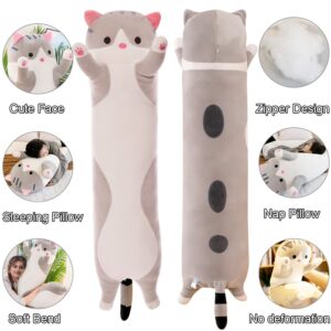 Giant Cat Pillow Plush Cartoon Kitty Sleeping Hugging Pillow, Cuddly Soft Long Kitten Body Pillow Doll Cat Cushion Toy for Kids Girlfriend (Gray, 130cm/51.18inch)