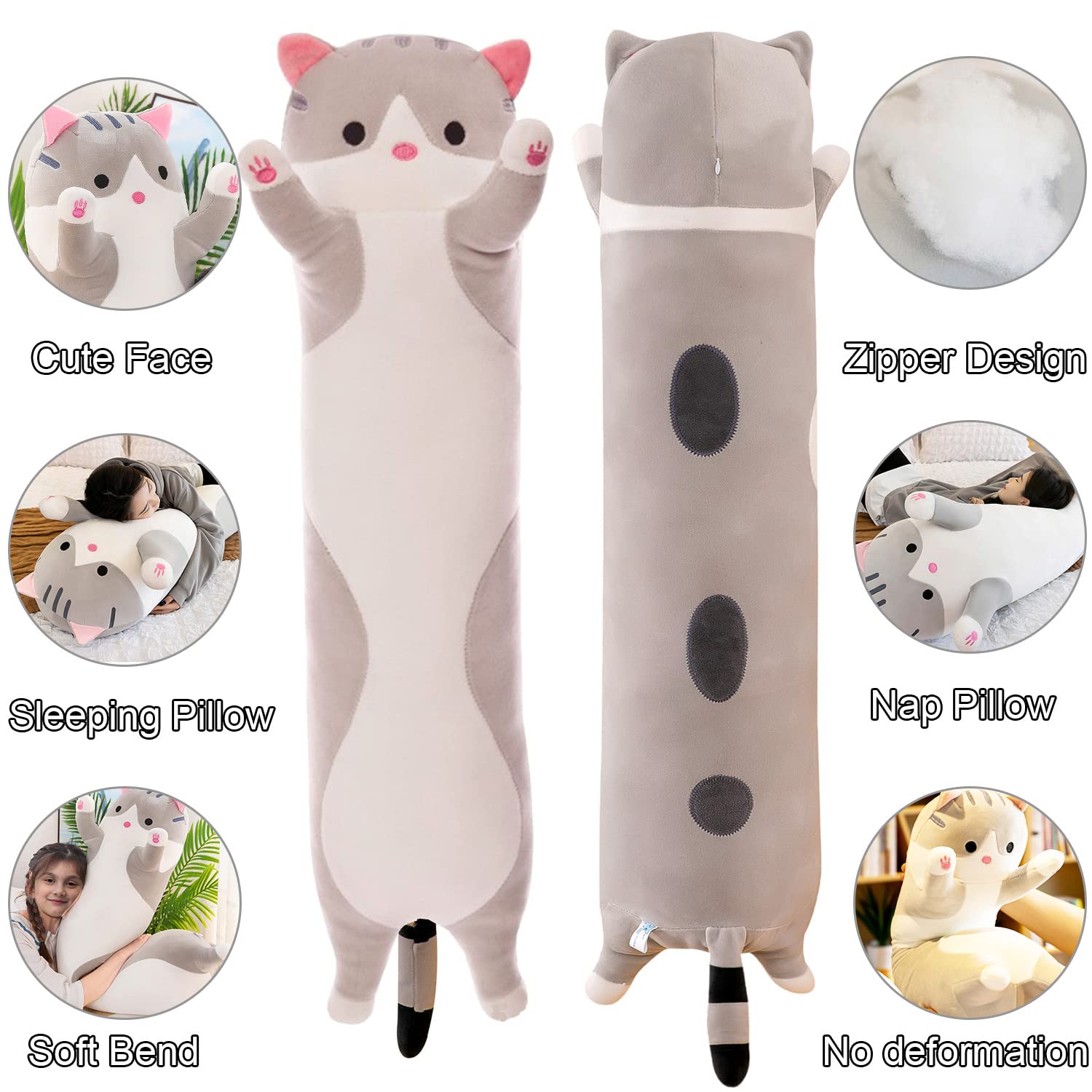 Giant Cat Pillow Plush Cartoon Kitty Sleeping Hugging Pillow, Cuddly Soft Long Kitten Body Pillow Doll Cat Cushion Toy for Kids Girlfriend (Gray, 130cm/51.18inch)