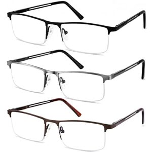 jjwell 3 pack blue light reading glasses for men, lightweight metal rectangle semi rimless readers for men, anti eyestrain/computer glare/uv, half frame spring hinge eyeglasses with pouches