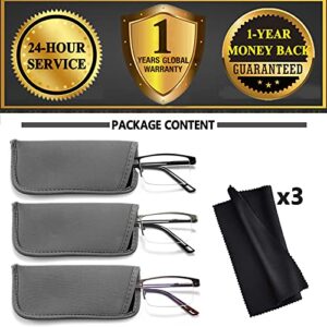 JJWELL 3 Pack Blue Light Reading Glasses for Men, Lightweight Metal Rectangle Semi Rimless Readers for Men, Anti Eyestrain/Computer Glare/UV, Half Frame Spring Hinge Eyeglasses with Pouches