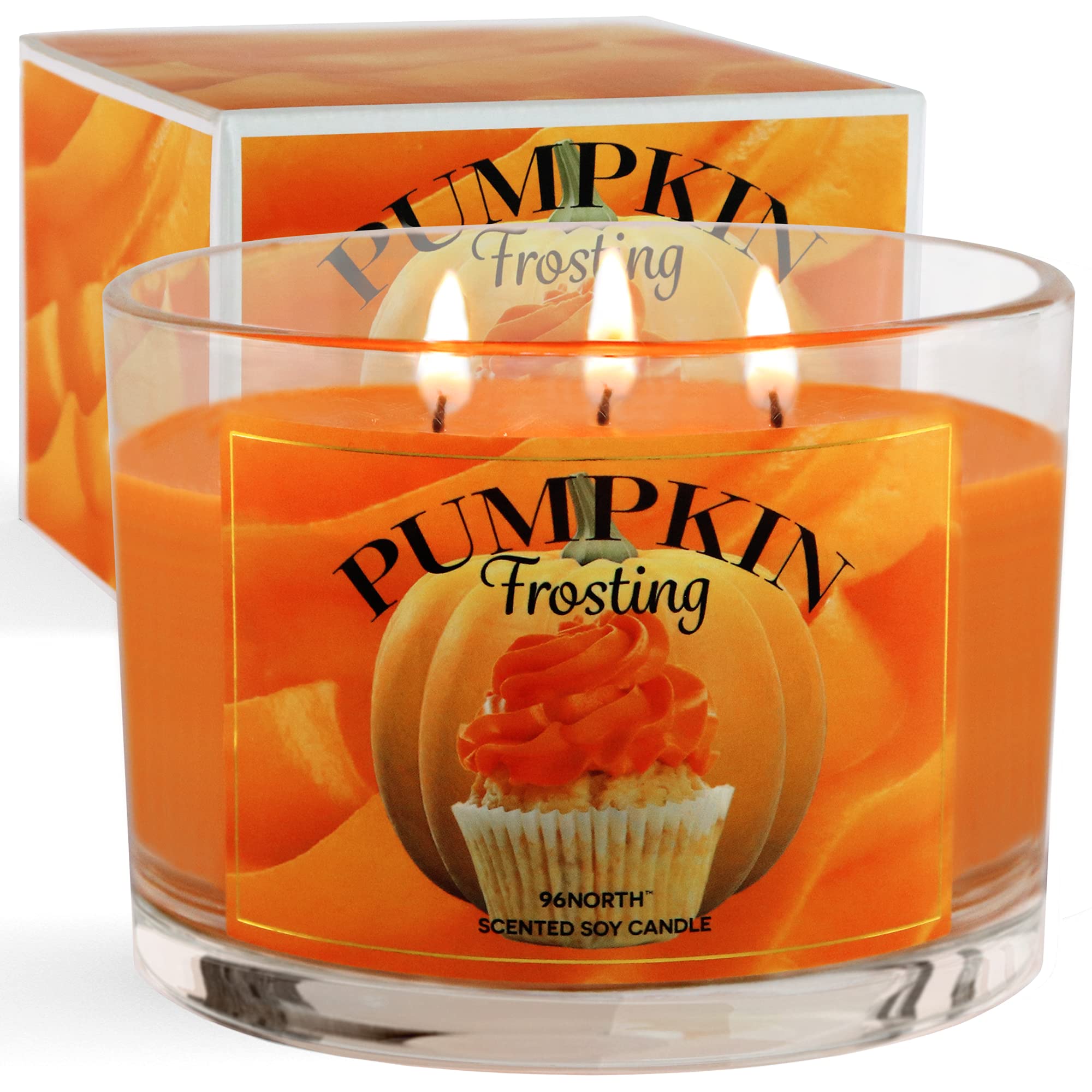 96NORTH Pumpkin Frosting Scented Candle | 3-Wick Large Jar Candle | 12 Oz Up to 40 Hours Burning Time | 100% All Natural Soy Wax Candle | Housewarming Gift for Women and Men