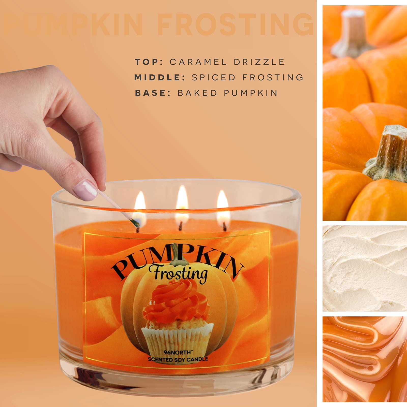 96NORTH Pumpkin Frosting Scented Candle | 3-Wick Large Jar Candle | 12 Oz Up to 40 Hours Burning Time | 100% All Natural Soy Wax Candle | Housewarming Gift for Women and Men