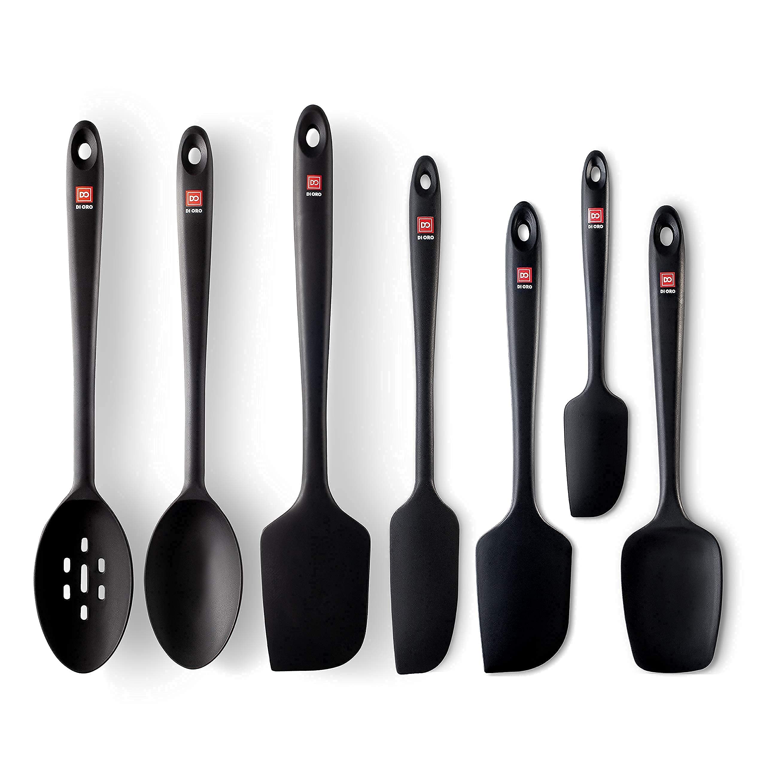 DI ORO Seamless Series 7-Piece Silicone Utensil Kitchen Set - 600°F Heat-Resistant Rubber Cooking and Baking Tools - Food Grade, BPA Free, and LFGB Certified Silicone - 5 Spatulas and 2 Spoons (Black)