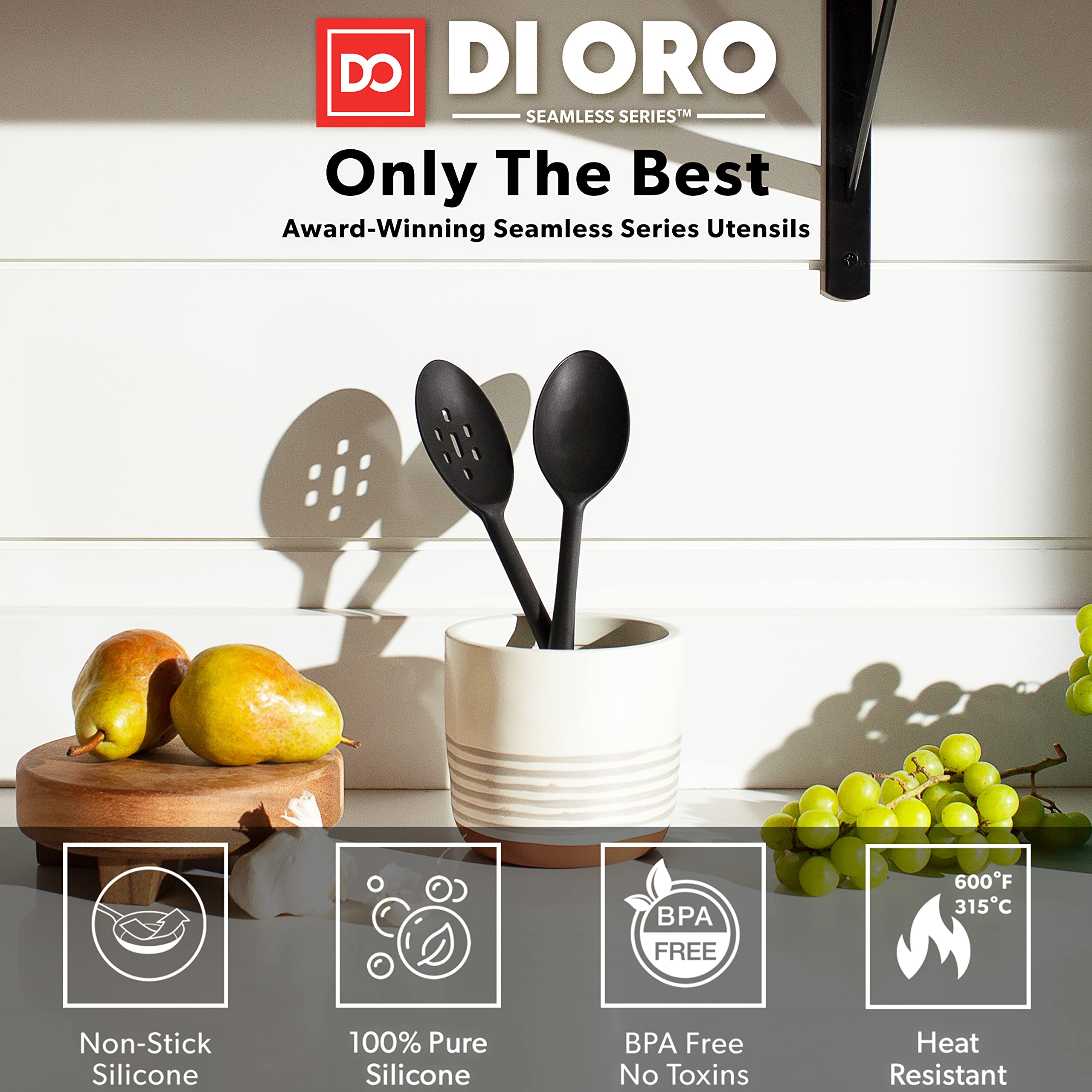 DI ORO Seamless Series 7-Piece Silicone Utensil Kitchen Set - 600°F Heat-Resistant Rubber Cooking and Baking Tools - Food Grade, BPA Free, and LFGB Certified Silicone - 5 Spatulas and 2 Spoons (Black)