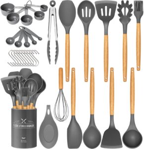 33 pcs silicone cooking utensils set, kitchen utensils spatula set with holder, wooden handles heat resistant & bpa free & non-toxic -best kitchen gadgets tools for cookware(gray)