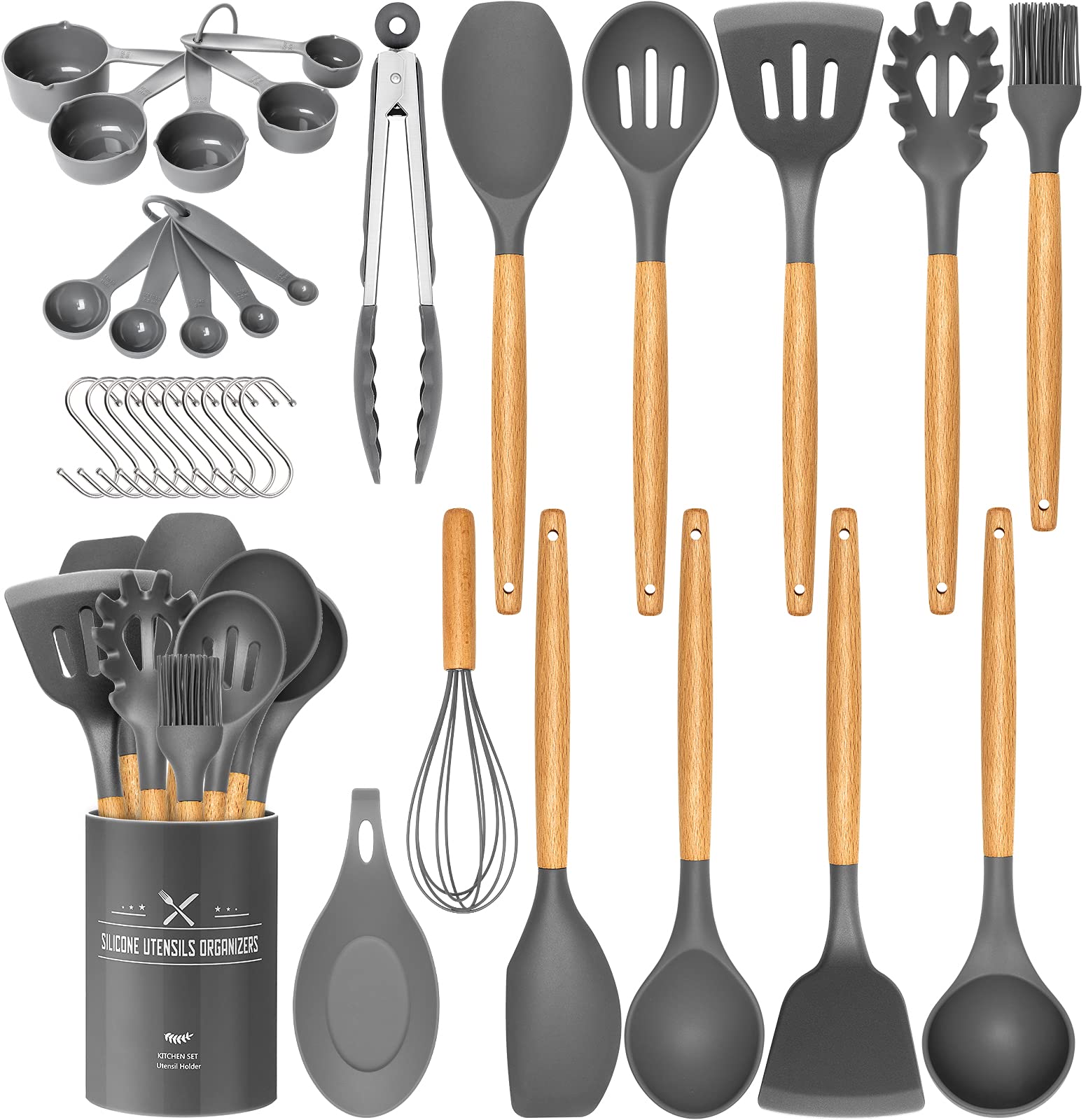 33 PCS Silicone Cooking Utensils Set, Kitchen Utensils Spatula Set with Holder, Wooden Handles Heat Resistant & BPA Free & Non-Toxic -Best Kitchen Gadgets Tools for Cookware(Gray)