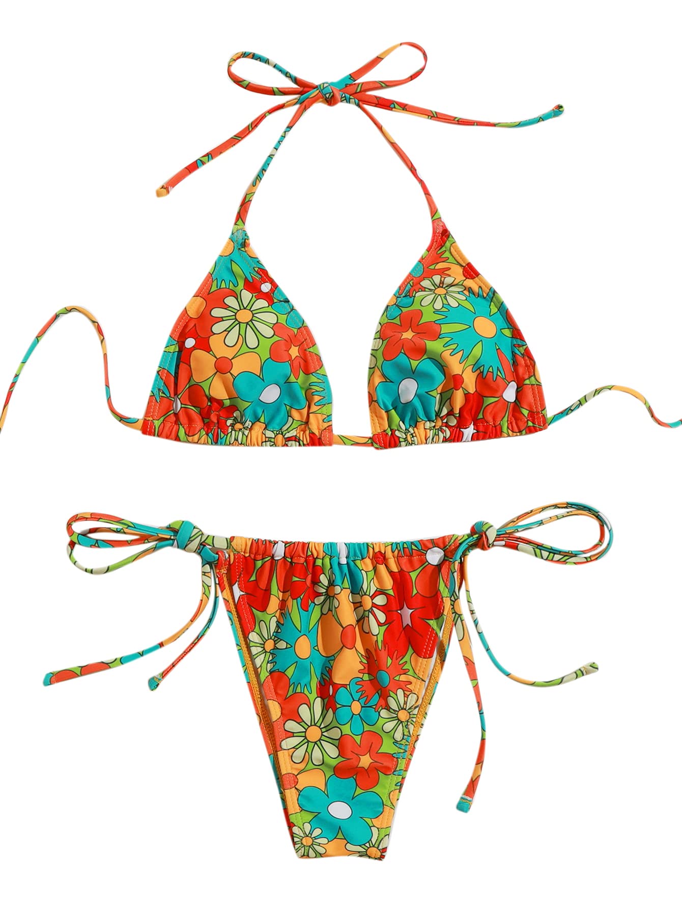 SOLY HUX Women's Floral Print 2 Piece Swimsuits Bikini Set Halter Triangle Swimwear Sexy Bathing Suit