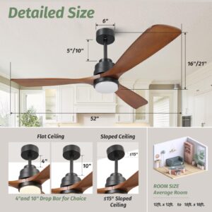 ALUOCYI Outdoor Wood Ceiling Fan with Lights and Remote, 52 inch, 3 Solid Wood Blades,Noiseless Reversible DC Motor Low profile Ceiling fans for Living room, Bedroom, kitchen, Patio, F3601, Brown