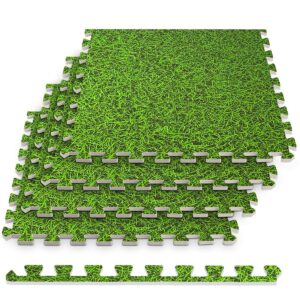 homecube usa 3/8 inch thick interlocking wood grain foam floor tiles for home, office, workout equipment space, commercial areas, anti-fatigue flooring padding 24x24 in. green grass, 16 sq ft -4 tiles