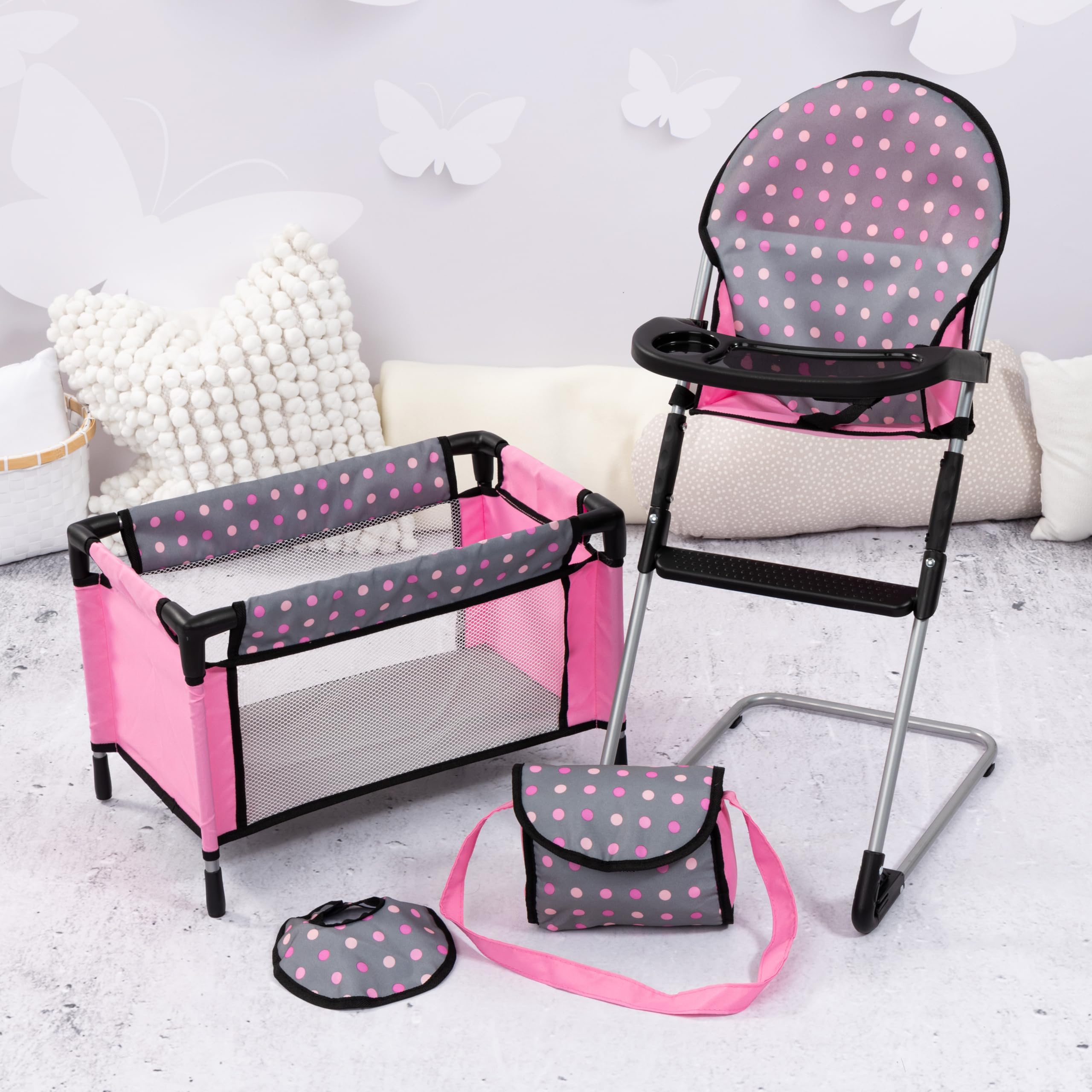 Bayer Doll High Chair/Crib Set, Grey, Pink with Dots