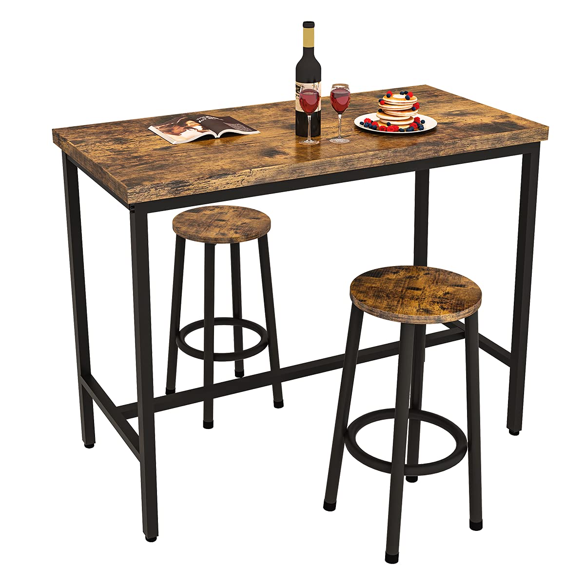 Recaceik 3 Piece Pub Dining Set, Modern bar Table and Stools for 2 Kitchen Counter Height Wood Top Bistro Easy Assemble for Breakfast Nook Living Room Small Space Restaurant, Rustic Brown 39”