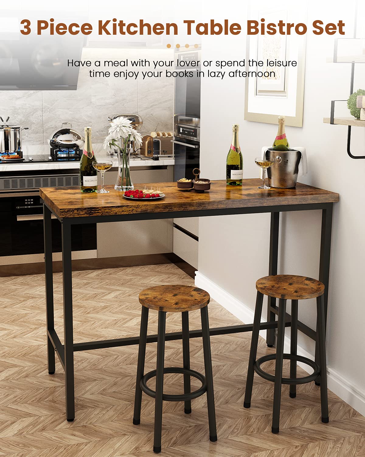 Recaceik 3 Piece Pub Dining Set, Modern bar Table and Stools for 2 Kitchen Counter Height Wood Top Bistro Easy Assemble for Breakfast Nook Living Room Small Space Restaurant, Rustic Brown 39”