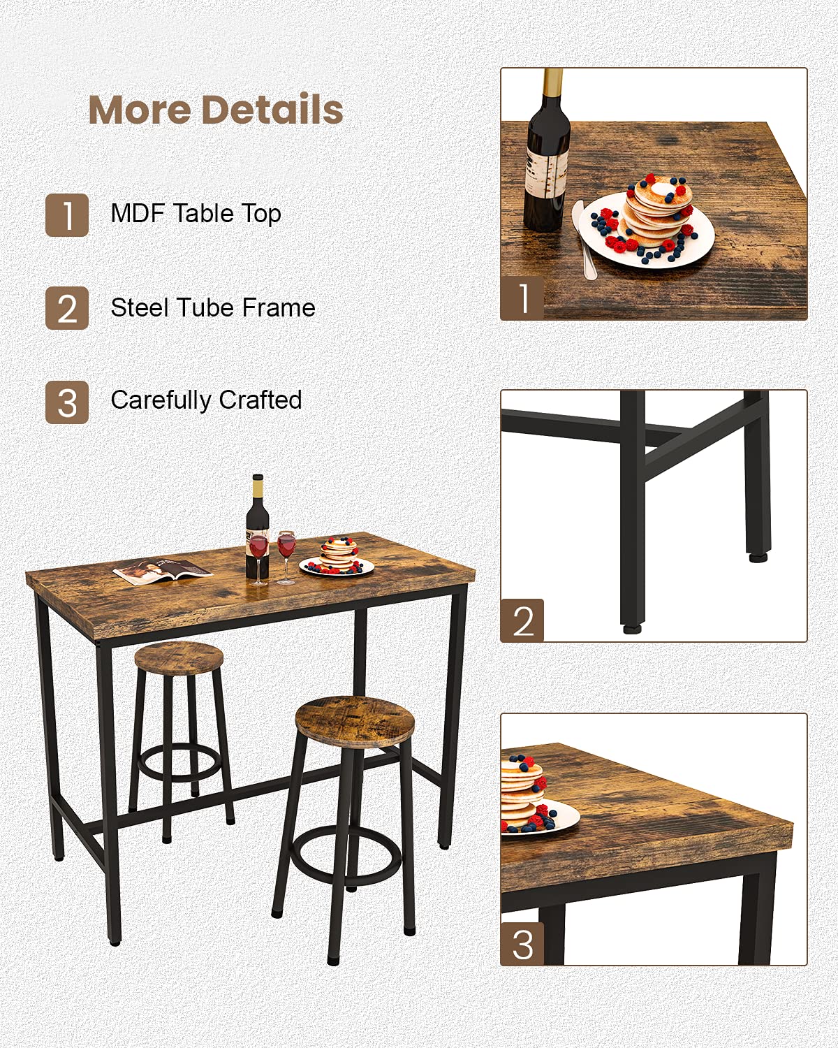 Recaceik 3 Piece Pub Dining Set, Modern bar Table and Stools for 2 Kitchen Counter Height Wood Top Bistro Easy Assemble for Breakfast Nook Living Room Small Space Restaurant, Rustic Brown 39”