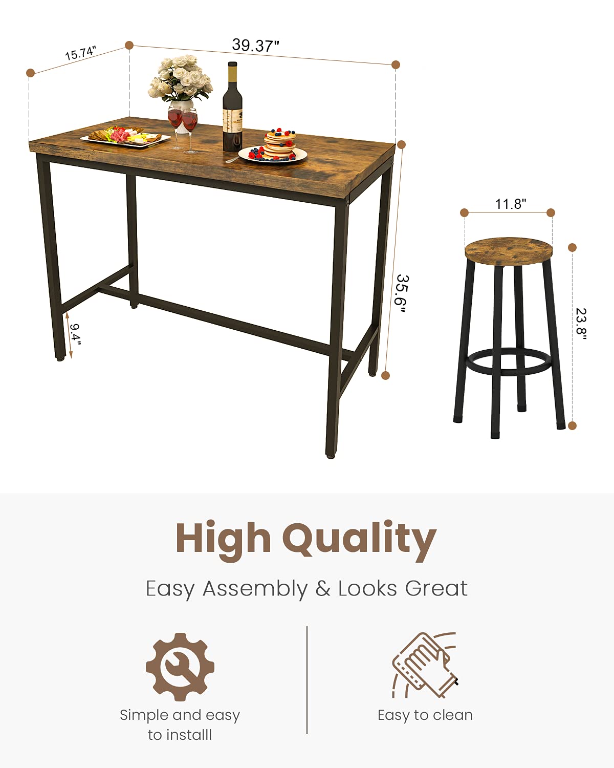 Recaceik 3 Piece Pub Dining Set, Modern bar Table and Stools for 2 Kitchen Counter Height Wood Top Bistro Easy Assemble for Breakfast Nook Living Room Small Space Restaurant, Rustic Brown 39”