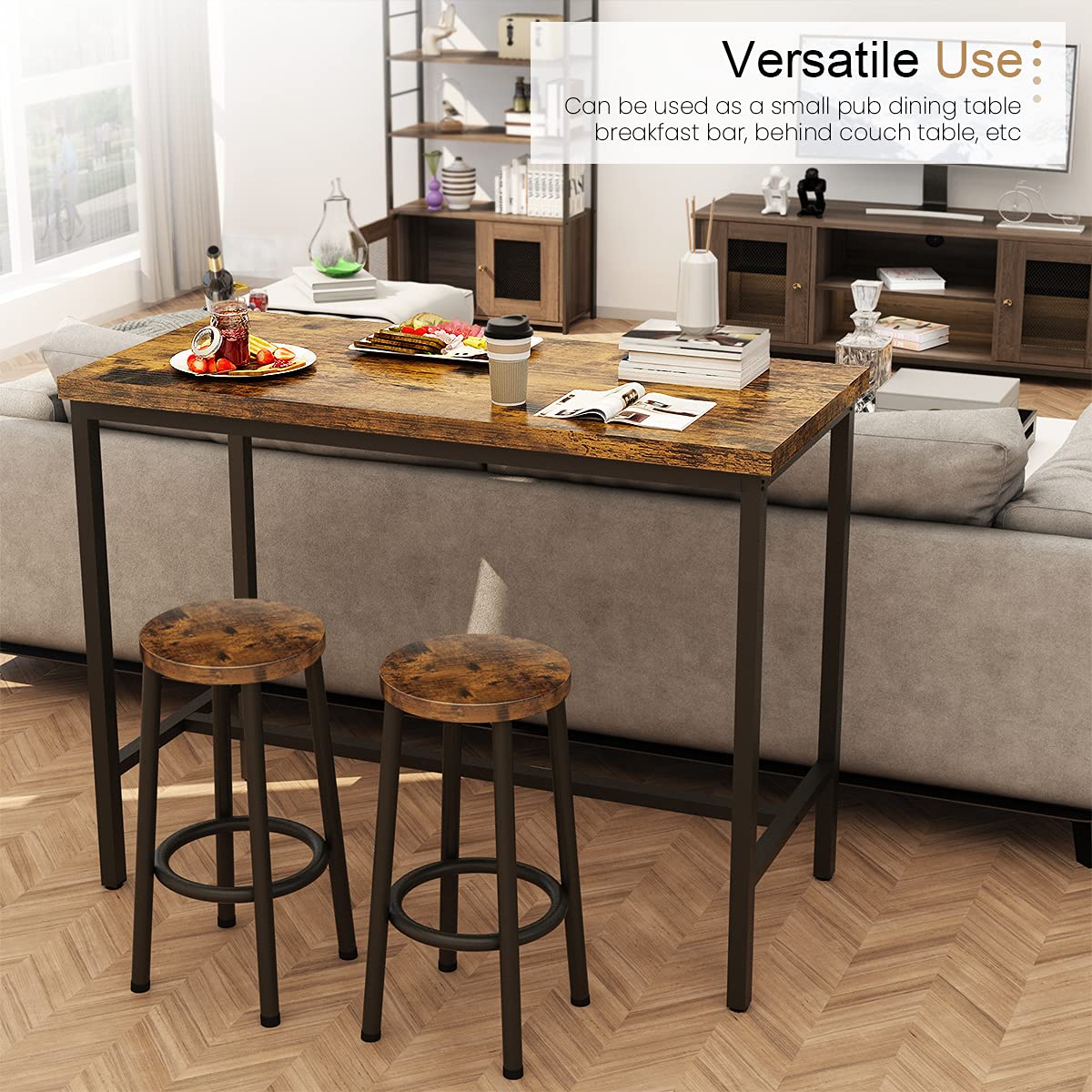 Recaceik 3 Piece Pub Dining Set, Modern bar Table and Stools for 2 Kitchen Counter Height Wood Top Bistro Easy Assemble for Breakfast Nook Living Room Small Space Restaurant, Rustic Brown 39”