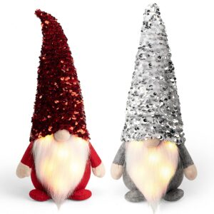 D-FantiX 2Pack Sequin Christmas Gnomes Plush with LED Lighting Beard, Handmade Swedish Tomte Santa Scandinavian Figurine Nordic Plush Elf Doll Gnome Ornaments Christmas Decorations Home Decor