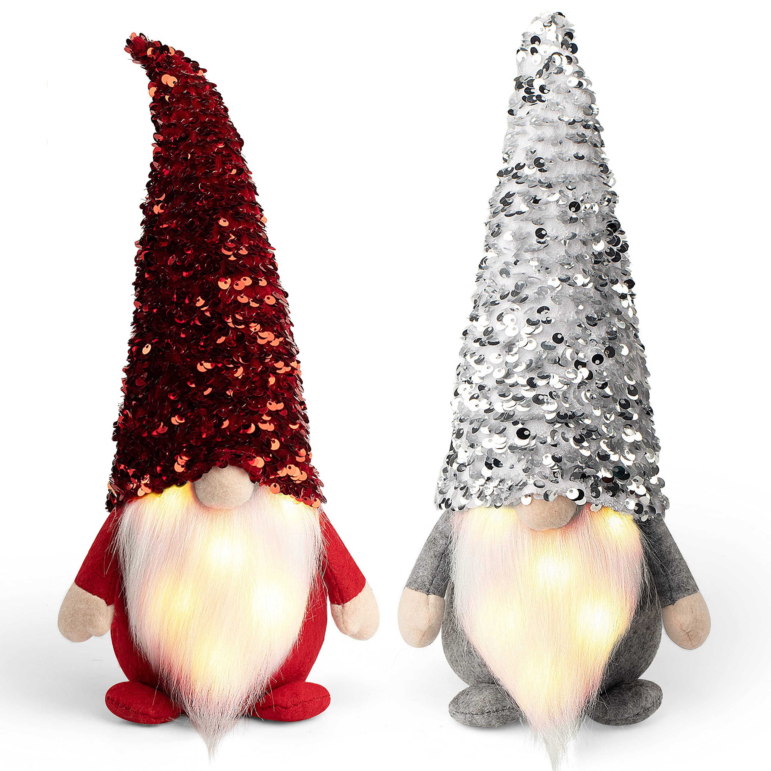 D-FantiX 2Pack Sequin Christmas Gnomes Plush with LED Lighting Beard, Handmade Swedish Tomte Santa Scandinavian Figurine Nordic Plush Elf Doll Gnome Ornaments Christmas Decorations Home Decor