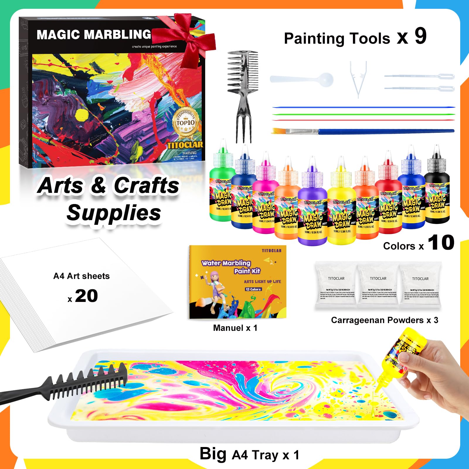 Arts and Crafts For Kids Boys Girls,Water Marbling Paint Kit, Birthday Gifts for Girls Boys 3+Years Old, Toys For Ages 8-13 5-7 3-6, Art Supplies for Kids