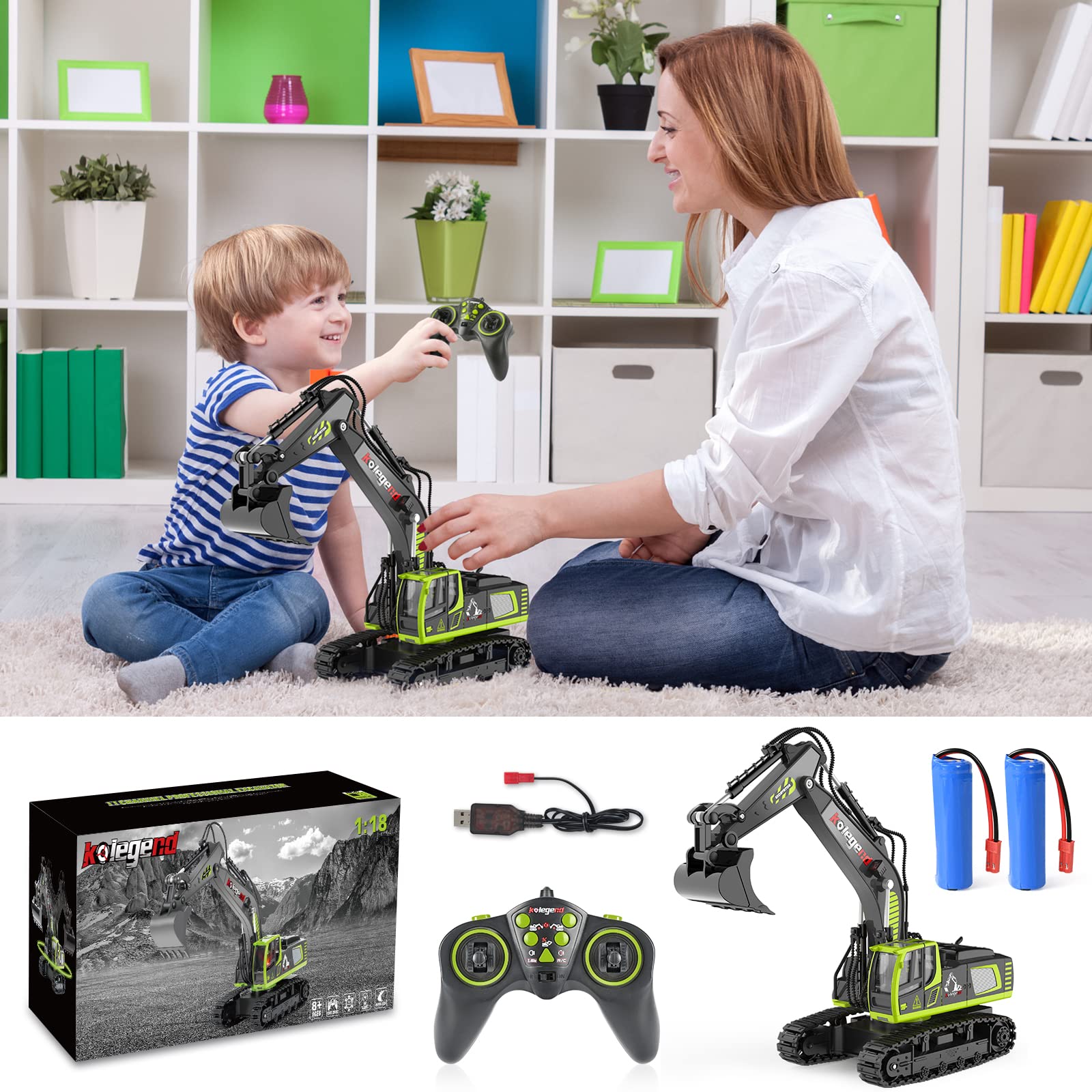 kolegend Remote Control Excavator Toy 16 Inch, 11 Channel RC Construction Vehicles Hydraulic Haulers Digger Toys Gift for 6 7 8 9 10 Years Old Kids Boys