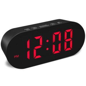 famicozy simple easy to use digital alarm clock,small compact,auto dim at night and 6 manual brightness adjustments,mains powered,crescendo alarm with snooze,12/24hr,black